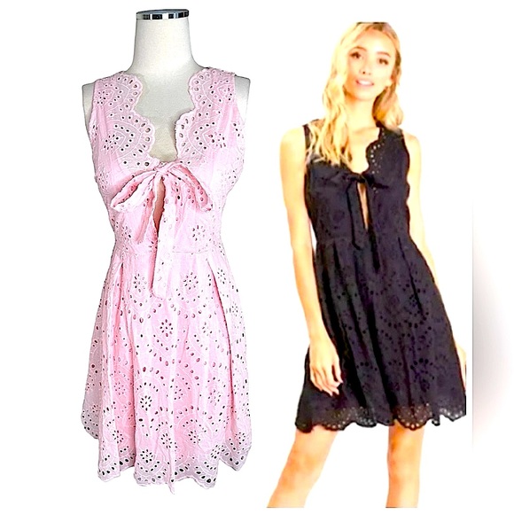 BiBi | Dresses | New Bibi Pink Eyelet Tie Front Fit Flare Mini Dress Sz ...